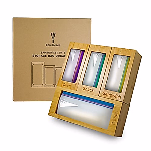 Epic Decor Bamboo Ziplock Bag Storage organizer - 4 Separate Food Storage Bag Organizer - Baggie Dispenser Food Storage Bag Holder Compatible With All Brand Bags