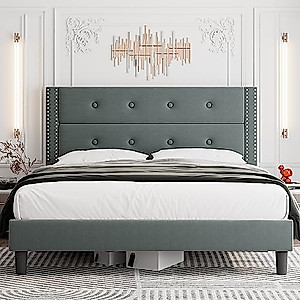 Feonase King Size Bed Frame, Modern Velvet Upholstered Platform Bed Frame with Button Tufting Headboard, Solid Wood Slats Support, No Box Spring Needed, Easy Assembly, Grey