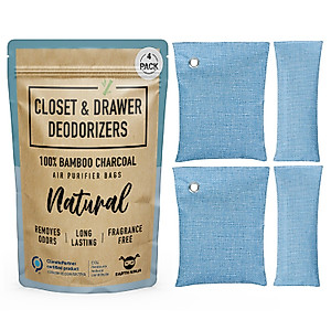 Closet and Drawer Deodorizer Bags (4 Pack) - Naturally Absorbs and Eliminates Closet Odors- 2 XL Closet Deodorizers and 2 Drawer Deodorizers - Unscented and Organic Charcoal Closet Odor Eliminator
