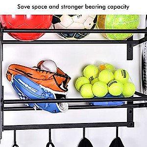 Sunix Garage Sports Equipment Storage, Basketball Rack with 3 Racks, Sports Equipment Organizer Wall Mount Shelf with 4 Hooks for Rackets, Sports Equipment Storage Rack, basketball Rack