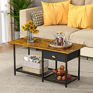 DAOUTIME Small Coffee Tables for Living Room with Drawer, 2-Tier Center Small Table for Small Spaces, Farmhouse Simple Table with 2 Wire Mesh Storage Racks, 15.79" D X 33.11" W X 16.81" H