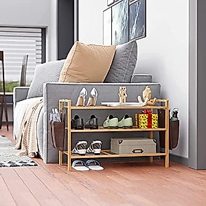 CoMokin Bamboo 3 Tier Shoe Rack Stackable Shoe Shelf Storage Organizer with Side Pockets for Unit Entryway Hallway and Closet Sturdy Free Standing Shoe Rack