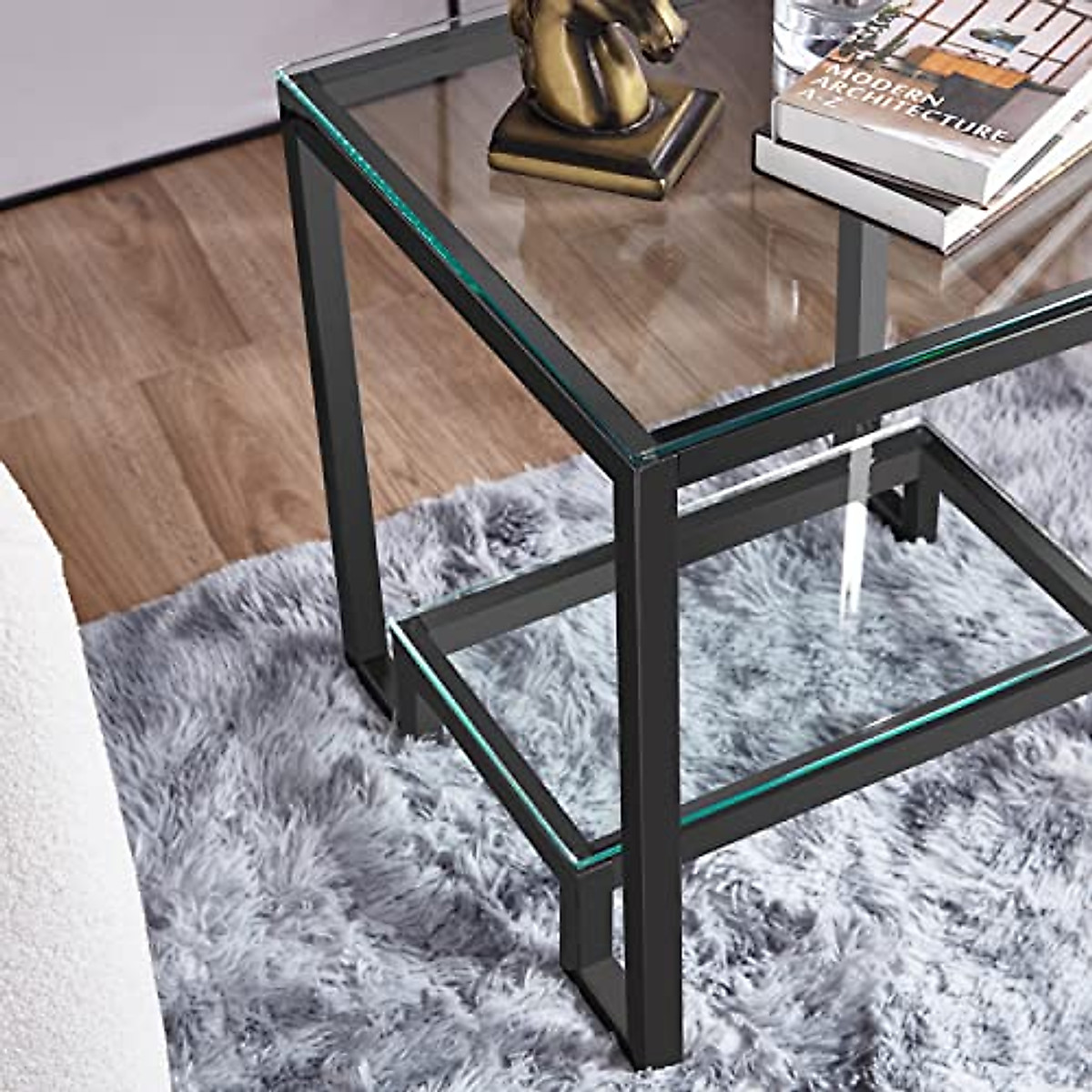 Glass End Table Square,Modern Glass Side Table with 2 Tier Shelf Coffee Table,Black Metal Frame Glass Top Table for Living Room,Balcony,Bedroom