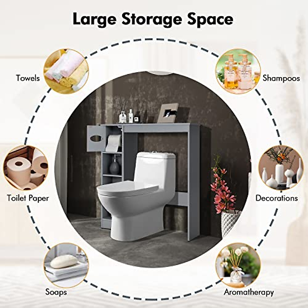 Giantex Over The Toilet Storage Cabinet, Freestanding Toilet Cabinet Organizer w/Adjustable Shelves & Toilet Paper Holder, Bathroom Space Saver Storage Rack Home Organizer for Bathroom Laundry (Grey)