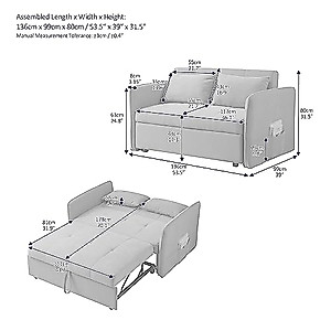 COULDWILL Convertible Sleeper Sofa Bed 3 in 1 Loveseat Couch Linen Small Sofa with Pull-Out Bed, Adjustable Backrest and Side Pockets for Living Room, Bedroom, Studio(Grey)