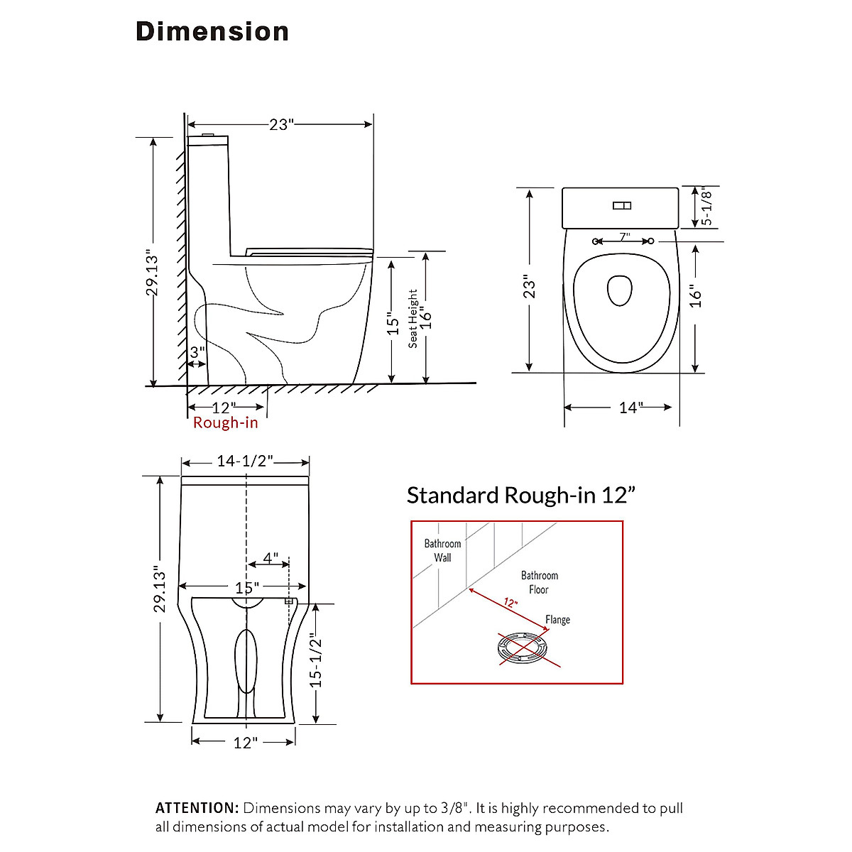WinZo 23-inch Small Toilet One Piece with Golden Push Button Modern Design For Compact Narrow Bathroom 12" Rough-in White