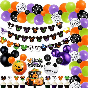 92 Pcs Mickey Minnie Halloween Birthday Party Kit Mickey Happy Birthday Banner Cake Topper Cupcake Toppers Balloon Arch for Mickey Minnie Theme Halloween Birthday Party Decorations