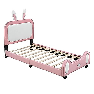Bellemave Twin Size Upholstered Rabbit-Shape Princess Bed,PU Upholstered Twin Platform Bed with Slat Supports, Kids Twin Size Bed Frame for Boys Girls(White+Pink)