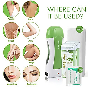 Wax Bear Roll On Wax Warmer Kit,Depilatory Wax Roller Kit for Hair Removal, Soft Wax Heater with 2 Cartridge Refill,10 Wipes and 100 pcs Wax Strips