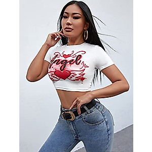 SOLY HUX Women's Graphic Tees Y2k Crop Top Short Sleeve T Shirt Tee Summer Tops White M