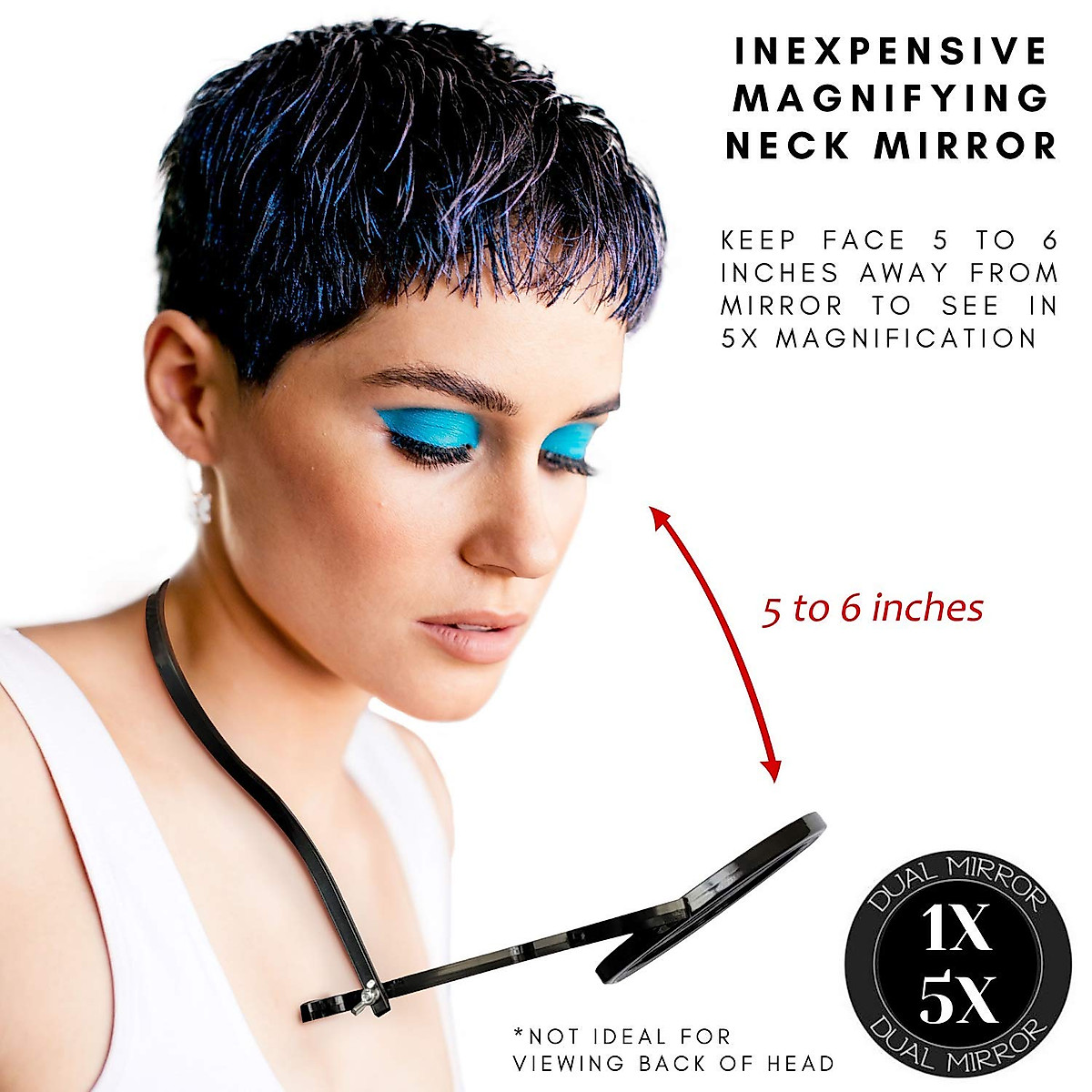 Rucci Round Portable Lightweight 5x/1x Magnifying Neck Mirror Piano Black - 4.25" Diameter x 0.25" x 11"H, Black