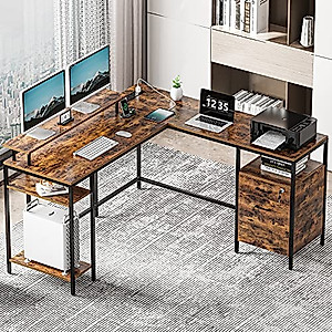 SUPERJARE Reversible Computer Desk with Power Outlets & File Cabinet, L Shaped Desk with Monitor Stand & Storage Shelves, Corner Desk Home Office Desk, Rustic Brown