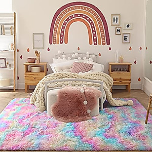 Chicrug Cute Rainbow Area Rug for Girls Bedroom, 4x6 Feet Fluffy Kids Rug for Room Decor, Shag Soft Dorm Playroom Rug, Bedside Rug for Baby Nursery Room