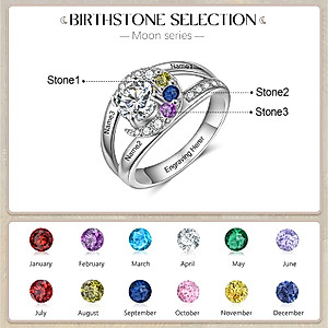 Gemsbe Custom Moon Statement Grandma Ring Personalized Promise Rings for Her Engraved Names Anniversary Ring for Women (3 stones)