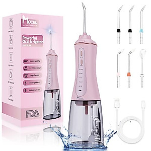 MOCEL Water Dental Flosser Oral Irrigator with 5 Modes, 350ml Cordless Water Teeth Cleaner Pick 6 Tips, IPX7 Waterproof Portable Powerful Battery for Travel & Home Braces & Bridges Care (Pink)