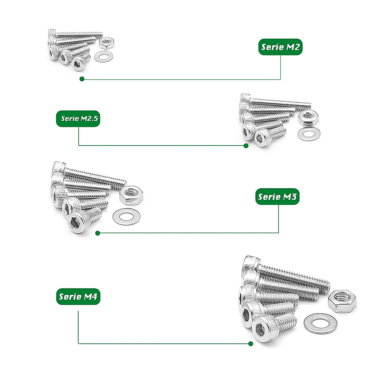 AJUER 1200pcs M2/M2.5/M3/M4 hex Socket Head Cap Screws Bolts Nuts Washers Assortment Kit, 304 Stainless Steel Metric Screw Set, Small Bolts and Nuts Kit