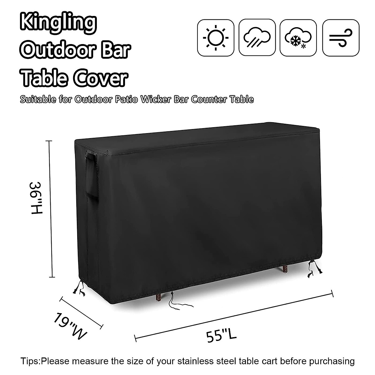 Kingling Outdoor Table Cover for Outdoor Bar Table, 55 Inch Waterproof Patio Bar Table Cover Outdoor Bar Prep Table Cover - 55''L x 19''W x 36''H