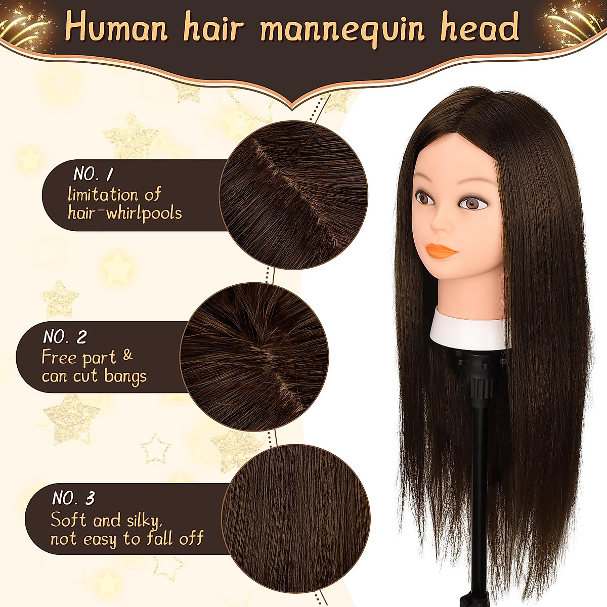 Mannequin Head with 70% Human Hair, Yofuly 26" Dark Brown Real Human Hair Training Head, Cosmetology Doll Head with Clamp Holder & Tools, Practice Doll Head for Hair Styling, Braiding, Curling,Cutting