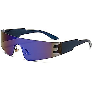 AIEYEZO Modern Fashion Rimless Futuristic Wrap Around Sunglasses Women Men Cyberpunk Visor Sun Glasses Trendy Future Shades (Black/Blue Mirrored)