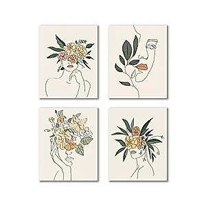 VOUORON Modern Minimalist Fashion Pop Women Prints Flower Wall Art Painting Set of 4 (8”X10” Canvas Picture) Pretty Girl Locker Room Queen of Woman Art Poster for Spa Bathroom Home Decor Frameless