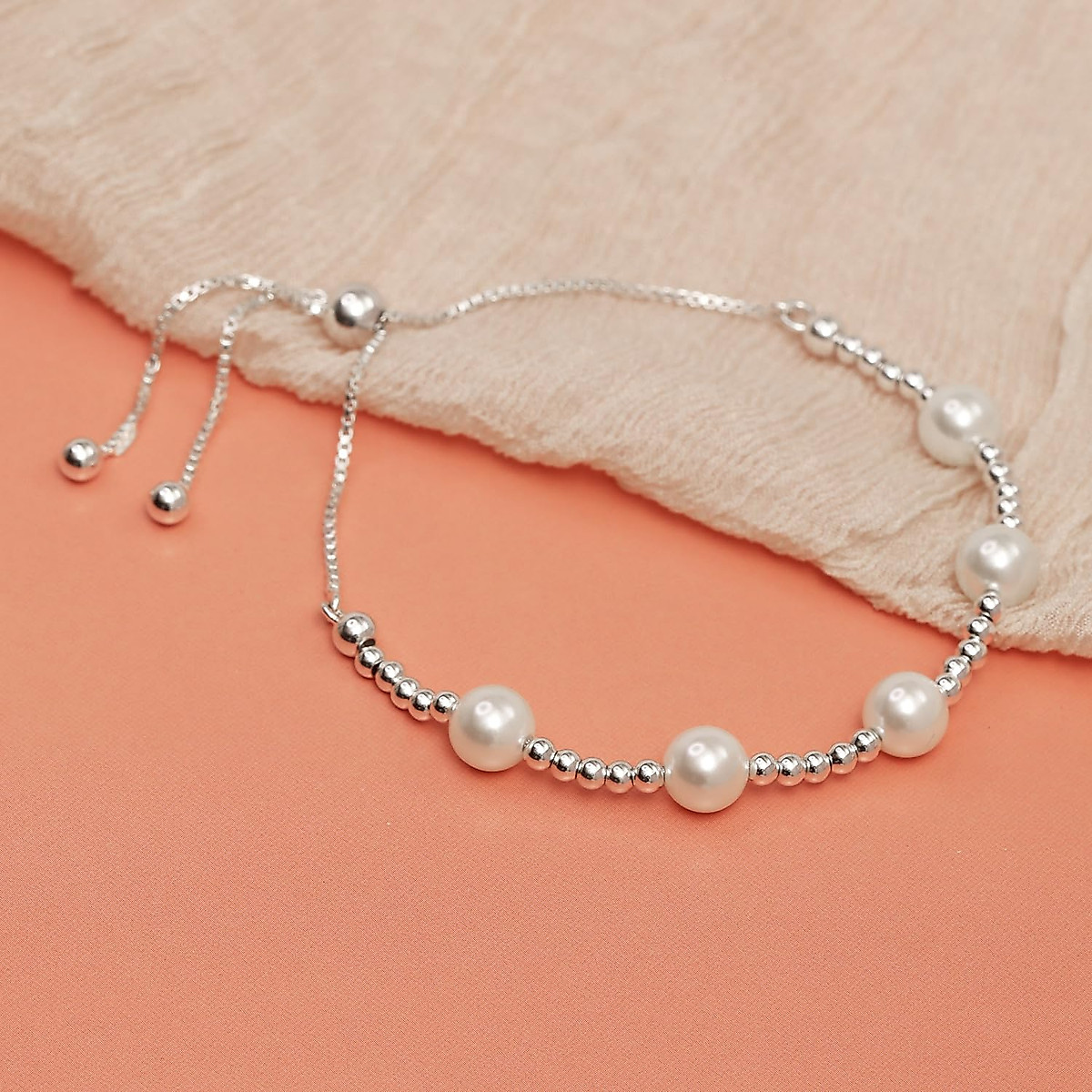 LeCalla 925 Sterling Silver Pearl Beaded Bolo Bracelet for Women
