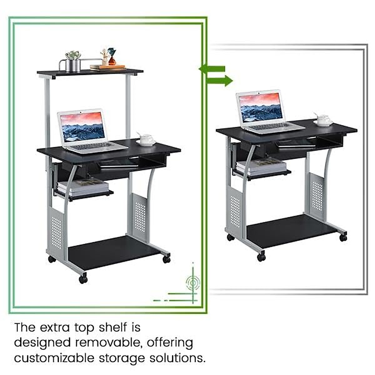 Yaheetech 3 Tiers Mobile Computer Desk with Printer Shelf & Keyboard Tray Rolling Computer Desk for Small Spaces, Compact Study Desk Workstation with Wheels, Space Saving, Black