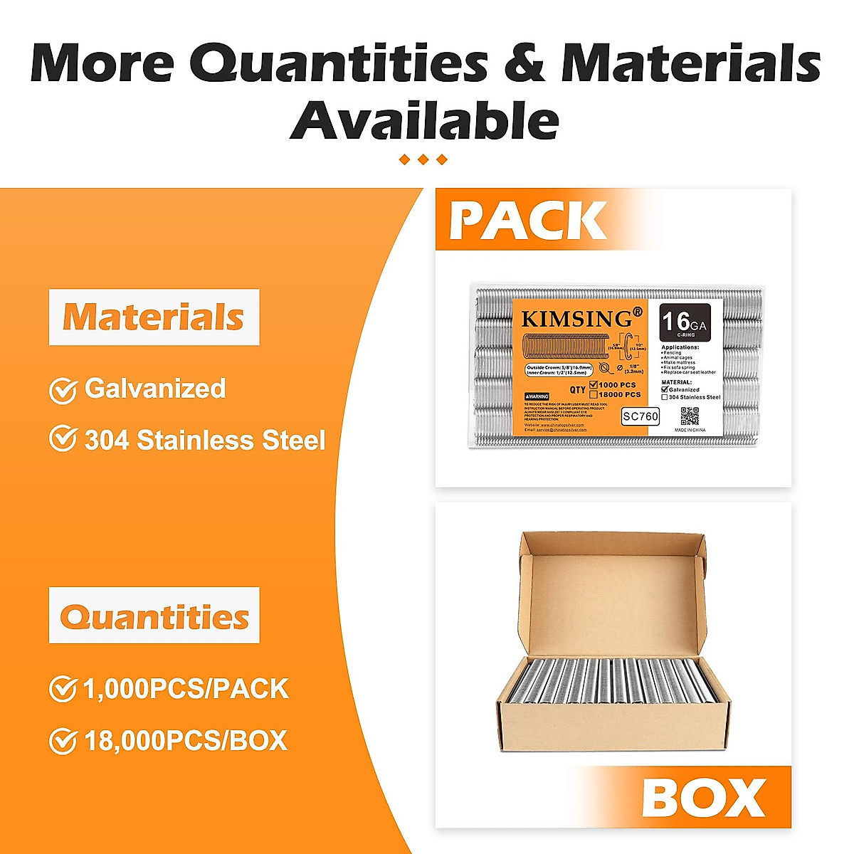 KIMSING SC760 16 Gauge 5/8'' Crown Galvanized C Ring Staples C-Rings Hog Rings, Wire Fencing Staples, Fasteners for C Ring Stapler, Hog Ring Tool, C Ring Plier, 1000 PCS/Pack