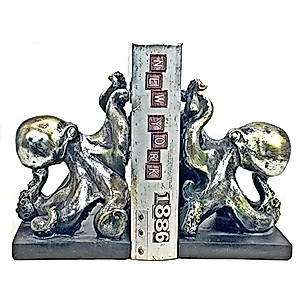 Bellaa Decorative Bookends Octopus Pirate Sailors Nautical Home Decor Vintage Antique Cute Cool Book Ends Unique Accents Silver 6 Inch