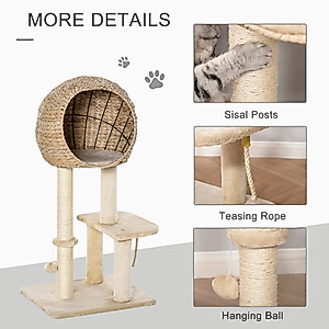 PawHut Cat Tree with Sisal Scratching Post Condo and Hanging Rope 39" H, Beige
