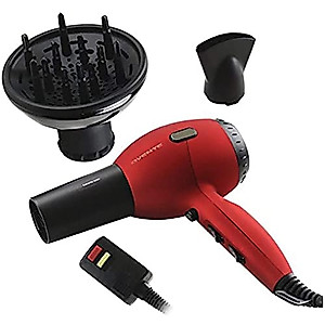 Ovente 1875 Watt Professional Hair Dryer with Diffuser, Ionic & Tourmaline Technology, For Body, Volume & Smoothing, Concentrator Attachment & Travel Bag, Lightweight for Home Use, Black & Red X3400BR