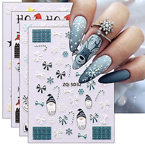 JMEOWIO 3D Embossed Christmas Nail Art Stickers Decals Self-Adhesive Pegatinas Uñas 5D Snowflake Xmas Winter Holiday Green Nail Supplies Nail Art Design Decoration Accessories 4 Sheets