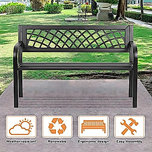 Hkeli Garden Bench Patio Park Metal Bench with Armrests Sturdy Steel Frame Black Porch Outside Bench Cast Iron Porch Bench for Yard Front Porch Path Lawn Work Entryway, 400lbs