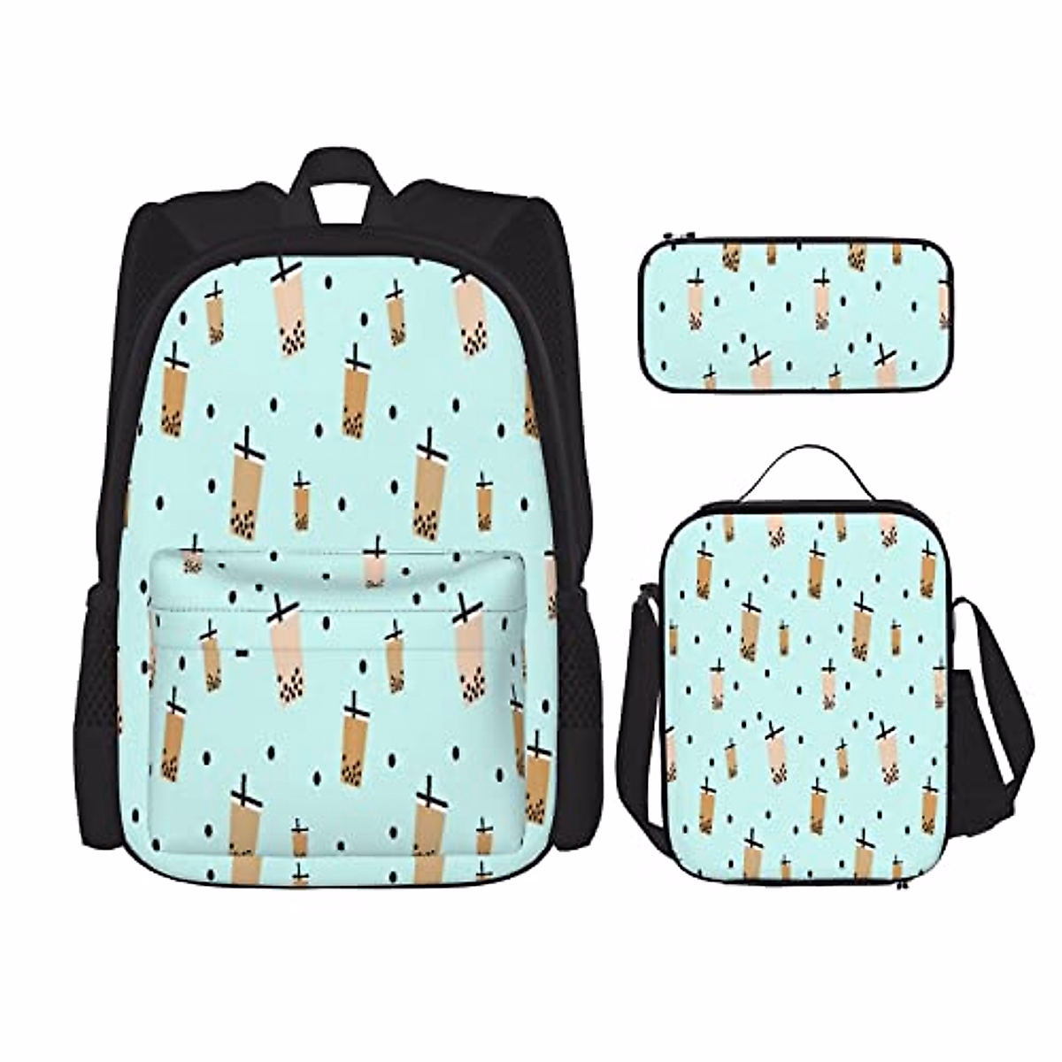 3 Piece Backpack Set Boba Tea On Blue Background, Bubble Tea, Milk Tea With Black Pearl School Bag,Travel Camping Daypack Students Bookbag Pencil Case Lunch Bag Combination