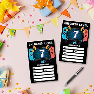 QUPT 20 Video Game Birthday Party Invitations with Envelopes, 7th Birthday Party Invitations cards - Fill in The Blank Birthday Party Invites