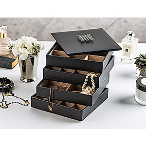 Glenor Co Earring Organizer Tray - 4 Stackable Trays with Lid -45 Slot Classic Jewelry Storage Display Case for Drawer or Dresser - Holder for Earring Ring Necklace or Cufflinks - Large Mirror - Black