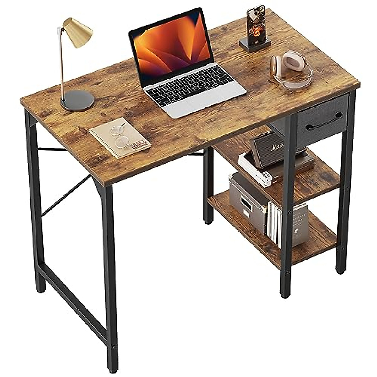 CubiCubi Computer Desk, 35 Inch Small Home Office Desk with Drawer Storage Shelves for Small Space, Writing Study Desk, Rustic Brown