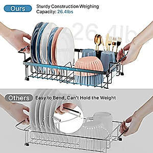 iSPECLE Sink Dish Drying Rack - 3 Sizes Adjustable Dish Rack(13.5'',15.3'',17'') - Over Sink Drying Rack, in Sink or on Counter Dish Drainer with Removable Cutlery Holder Large Capacity, Black
