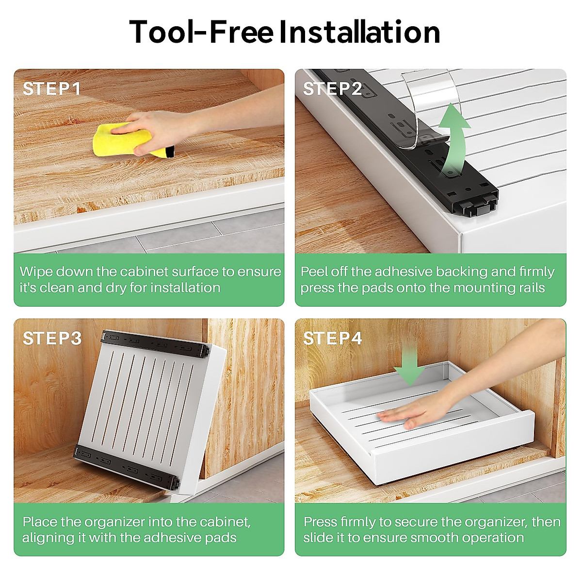 Pull Out Cabinet Organizer Fixed With Adhesive Nano Film,Heavy Duty Storage and Organization Slide Out Pantry Shelves Sliding Drawer Pantry Shelf for Kitchen 15.8"W x 16.9"D x 3.1"H(1PC)