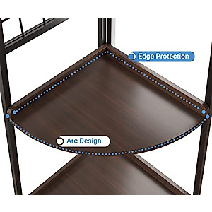 Kingfun 72 Inch Corner Shelf, 5 Tier Tall Corner Bookshelf with Hooks, Wood & Metal Corner Bookcase, Corner Ladder Shelf Decor for Living Room, Bedroom, Bathroom, Kitchen, Home Office (Brown)