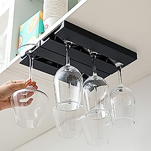 BTHLYES 2 Pack Wine Glass Rack - Punch-free Under Cabinet Stemware Wine Glass Holder Glasses Storage Hanger plastic Organizer for Bar Punch-free self-adhesive（Black）