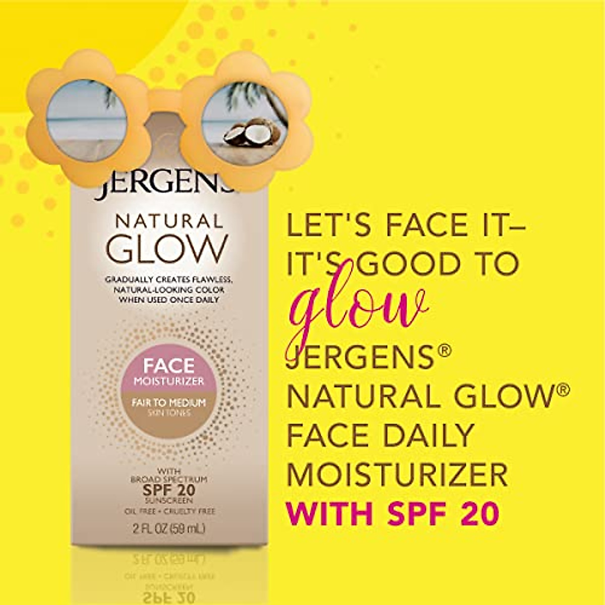 Jergens Natural Glow Face Moisturizer with SPF 20 Sunscreen, Fair to Medium Skin, Oil Free, UVA/UVB Protection - 2 oz