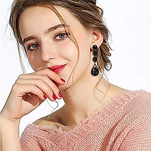 Flyonce Wedding Bridal Rhinestone Crystal Multi Teardrop Pierced Dangle Earrings Black Black-Tone