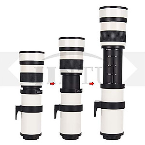 JINTU 420-1600mm 800mm f/8.3 Manual Zoom Telephoto Lens + T-Mount for Canon EOS DSLR Cameras 4000D 2000D 1200D T7 T7i T6 T6i T5 T5i SL2 80D 77D 700D 70D 60D 50D 5D 6D 7D 600D 550D White
