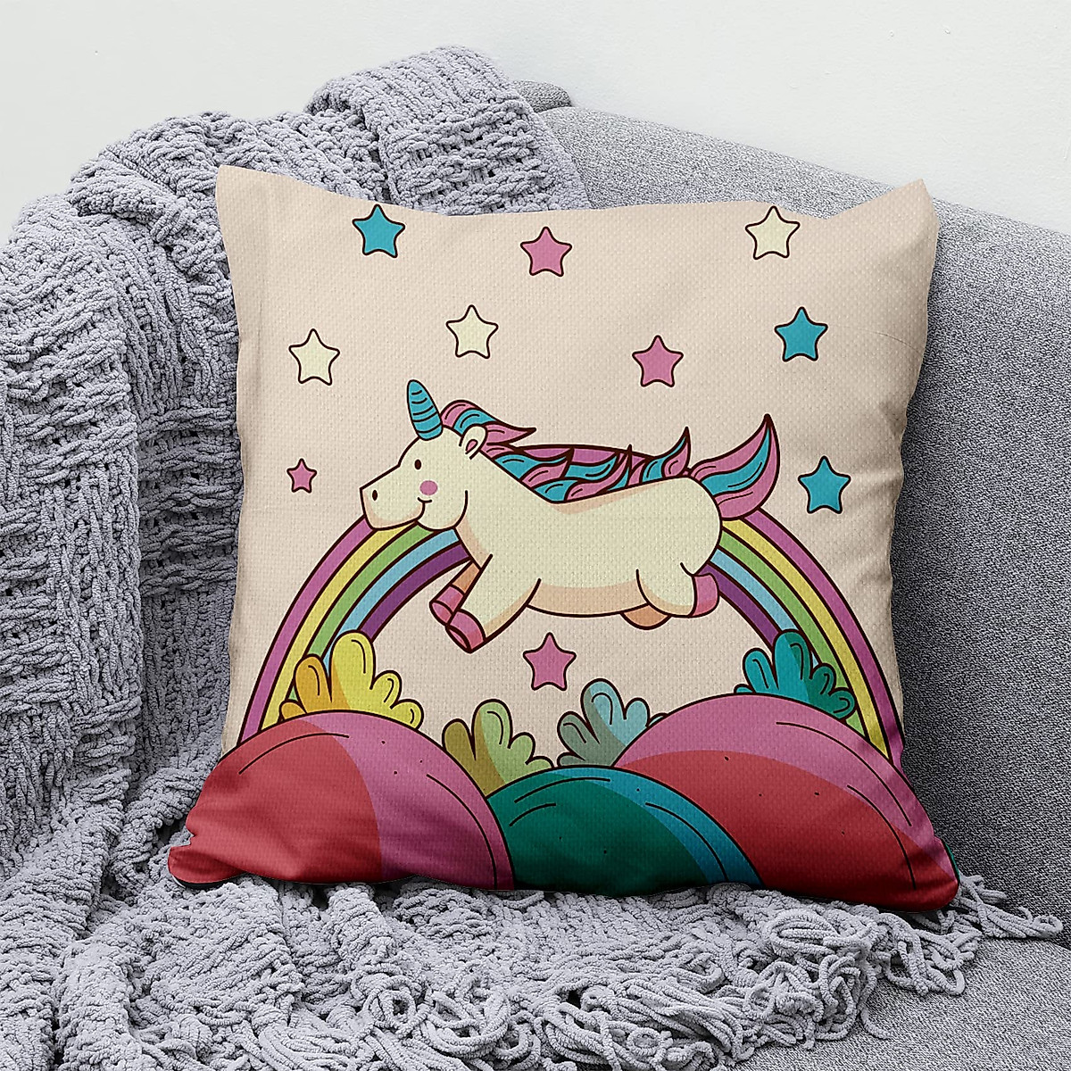 Yeele Rainbow Unicorn Pillow Covers, Set of 4 Cartoon Pink Rainbow Fairy Tale Stars Magic Unicorn Pattern Cushion Case with Invisible Zipper 18x18inch for Kids Boys Girls Room Sofa Decor