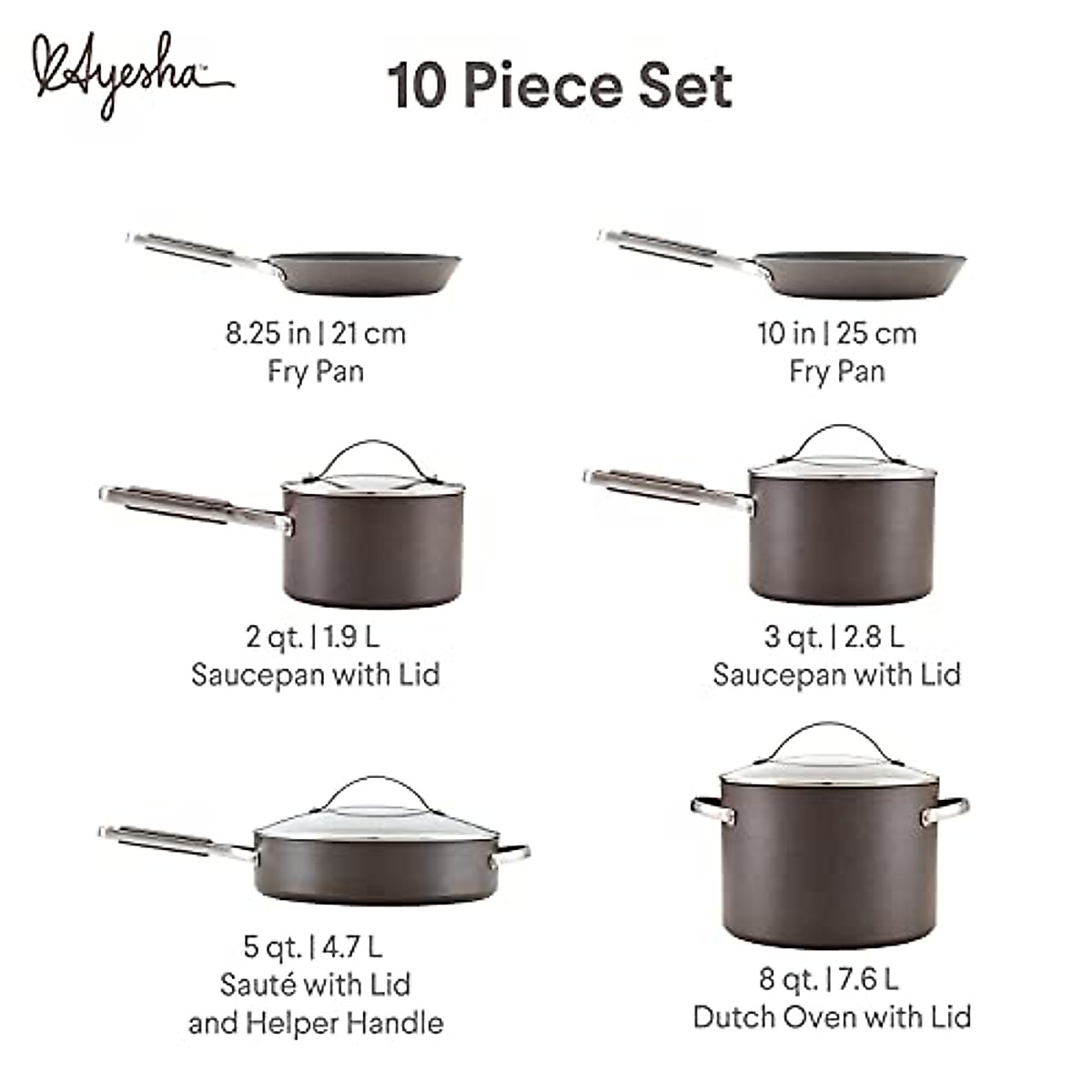 Ayesha Curry Kitchenware Professional Hard Anodized Nonstick Cookware Pots and Pans Set, 10 Piece, Charcoal
