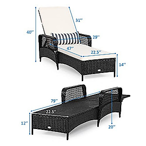 Tangkula Patio Wicker Chaise Lounge Chair, Outdoor Rattan Reclining Chaise w/ 6-Gear Adjustable Backrest, Thick Padded Cushion & Removable Lumbar Pillow, Ideal for Lawn, Beach, Balcony (Black)