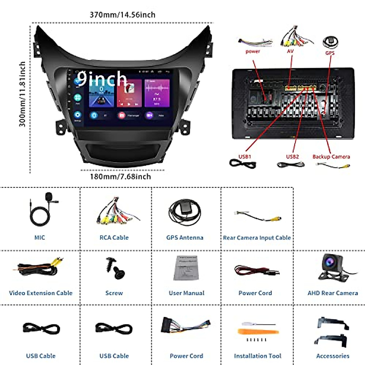 Android 11 Car Stereo for Hyundai Elantra 2012 2013 with Wireless Apple Carplay Android Auto, 9 ’’ 1+16 Touch Screen in Dash GPS Radio with Navi WiFi Bluetooth FM RDS HiFi SWC + AHD Backup Camera