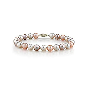 The Pearl Source 14K Gold 7-8mm AAAA Quality Round Multicolor Freshwater Cultured Pearl Bracelet for Women