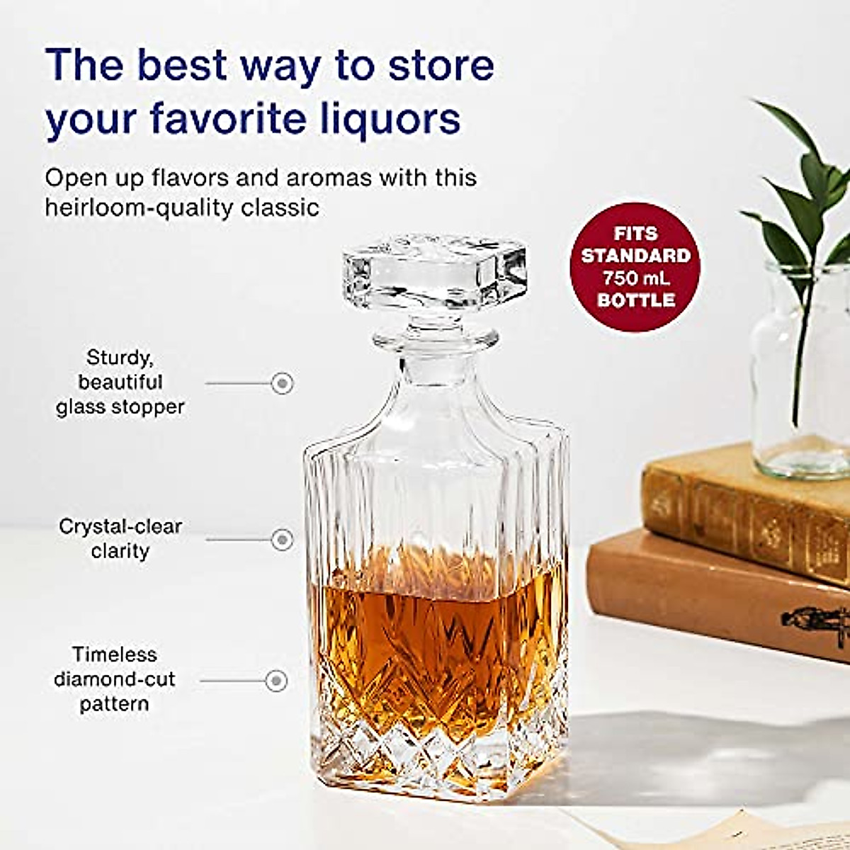 GoodGlassware Whiskey Decanter and Glasses (5 Piece Set) – Elegant Liquor Carafe with Ornate Solid Glass Stopper and 4 Matching Whisky Tumblers - Lead-Free and Dishwasher Safe Transparent