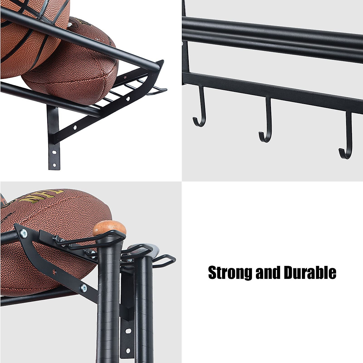 XCSOURCE Garage Sports Equipment Storage Rack with 3 Separate Shelf, Ball Rack, Sport Equipment Organizer with 4 Hooks for Badminton Racket, Basketball Rack for Basketball Football Rugby